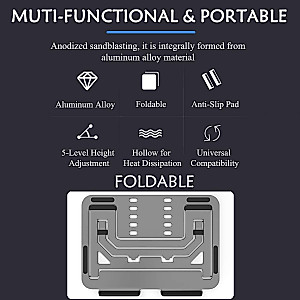 VAWcornic Adjustable Aluminum Laptop Stand, Foldable, Portable, 5 Angles Available, 88lb Weight Capacity, for Desktop and Laptops