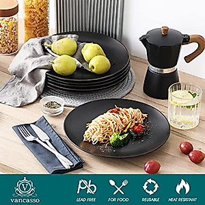 vancasso Moda Dinner Plates Set of 6, 10.5 Inch Ceramic Plates Set, Black Handpainted Big Serving Plate, Microwave Oven and Dishwasher Safe-Black