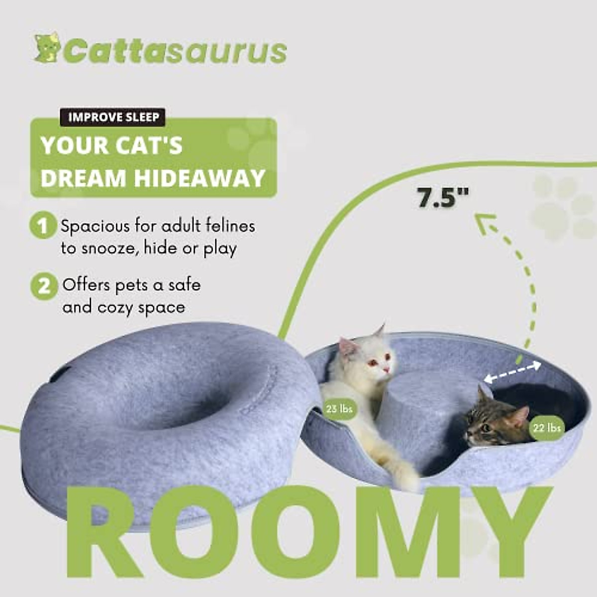CATTASAURUS Peekaboo Cat Cave for Multiple & Large Cats Up to 30 Lbs, Scratch Detachable & Washable Tunnel Bed (Light Gray, Large)