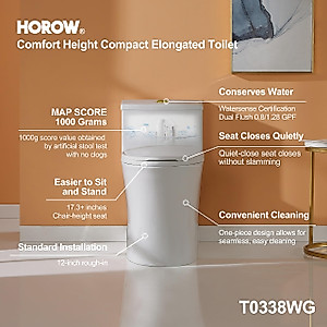 HOROW T0338WG One Piece Toilet with Gold Button, Elongated Toilet with Comfort Seat Height, ADA Chair Height 17.3", Dual Flush 0.8/1.28 GPF & MAP 1000g, Standard White Toilet Bowl, Gold Tank Button