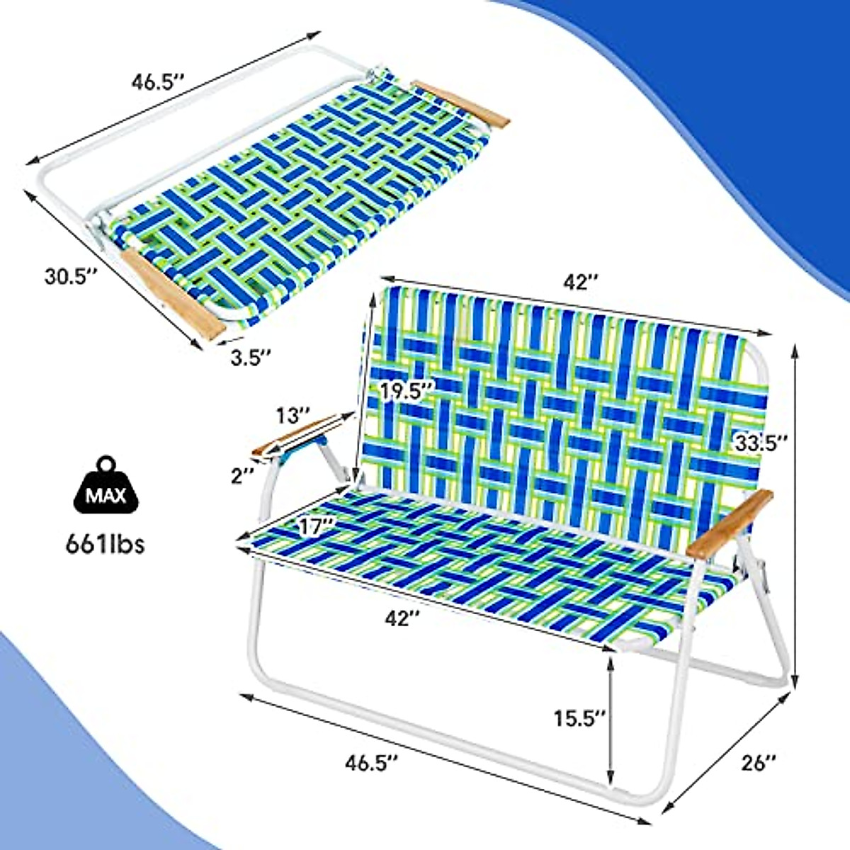 Giantex Folding Beach Camping Chair - Webbing Chair with Armrest, Foot Pad, Metal Frame, 661 Lbs Capacity, Outdoor Portable Lounge Chair for Patio, Poolside, Fishing, Yard, Lawn Chair (2 Person, Blue)