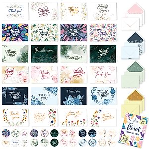 Decorably 24 Pack Assorted Thank You Cards with Envelopes & Stickers, 24 Unique Designs Blank Inside Variety Thank You Cards with Envelopes, 6x4in box of Thank You Cards Assorted