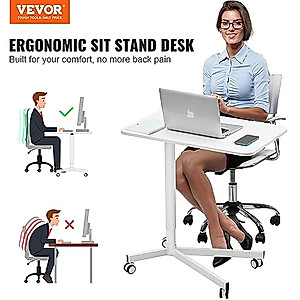 VEVOR 28.5"-44.2" Gas-Spring Height Adjustable Sit-Stand Desk 360° Swivel Wheels (2 Lockable) Portable Rolling Laptop Table Computer Cart for Home Office School, 44LBS Loading, 29.1 x 18.9 inch, White
