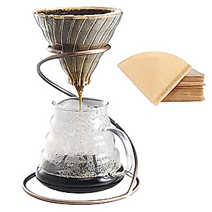 Pour Over Coffee Maker Set – Includes Glass Coffee Dripper, Metal Dripper Stand, Heat Resistance 600ml Coffee Server and 40 Count Paper Coffee Filters, 4 in 1 Set for Home or Office (Bronze Set)