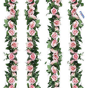 FAMI 4PCS(28.8 FT,16 Flowers) Artificial Rose Vine Garland Silk Flower Hanging Baskets Plants for Indoor Outdoor Home Wedding Arch Garden Wall Decor-Pink