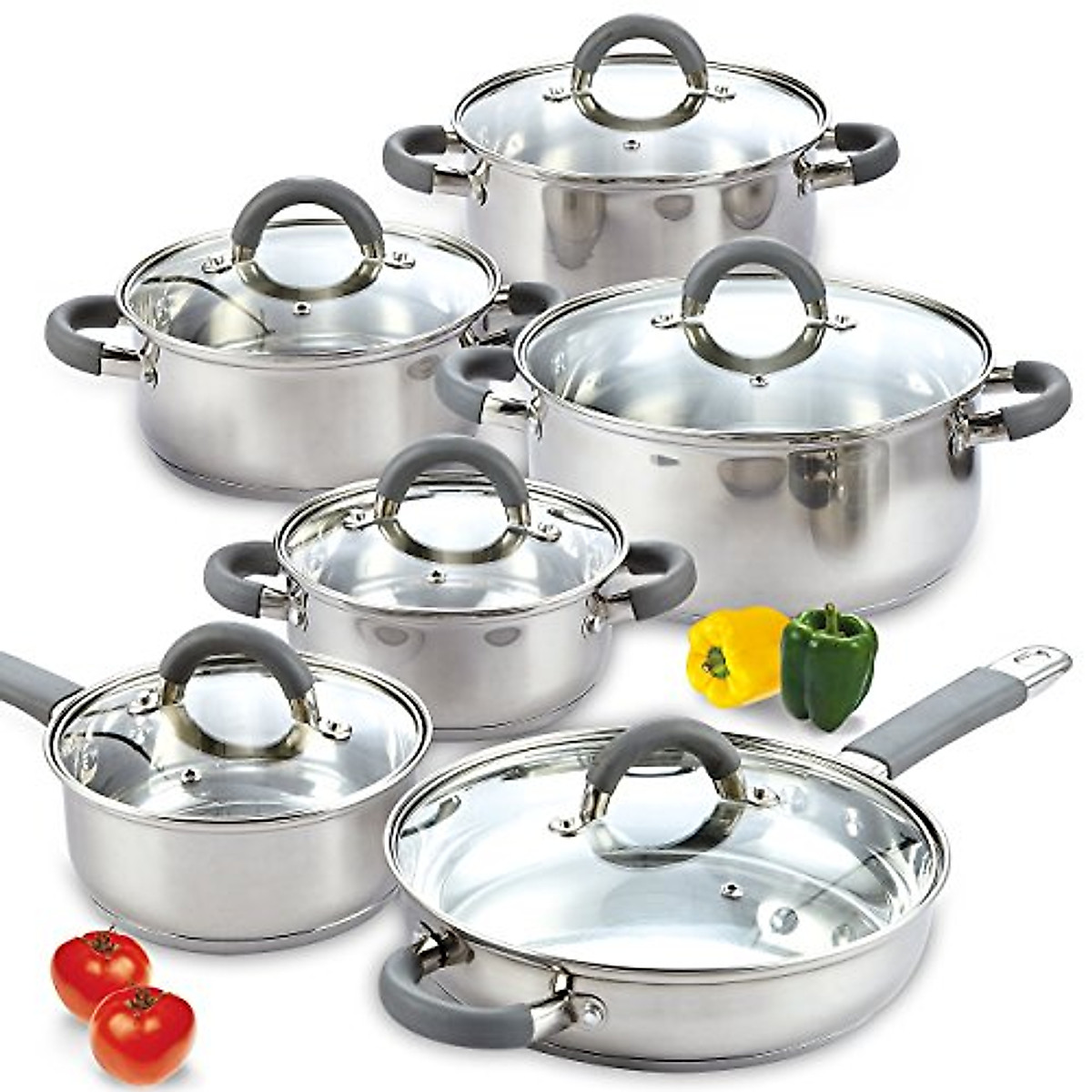 Cook N Home Stainless Cookware Sets Basic Pots and Pans, 12-Piece, Stainless Steel Grey Silicone Handle