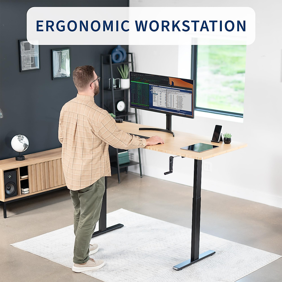VIVO Black Manual Height Adjustable Stand Up Desk Frame with Hand Crank System, Ergonomic Standing 2 Leg Workstation, DESK-V101M