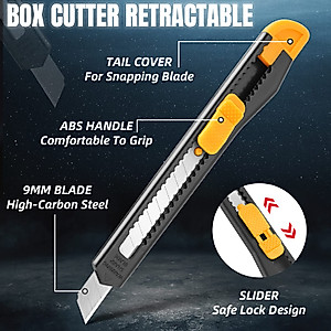TIFICAL 4 Pack Box Cutter Retractable, Utility Knife 9MM Wide Snap-Off Blades, Exacto Knife for Cutting Box, Wrapping, Cardboard, Extended Razor Knife, Box Opener Perfect for Office, Home, School