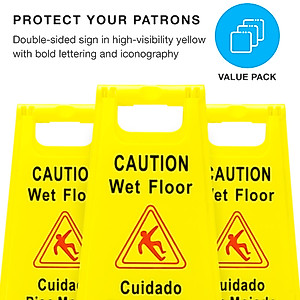 Bolthead Industrial Caution Wet Floor Signs | 2-Sided Bilingual Warning, Piso Mojado | Slip & Fall Accident Prevention | 3 Pack