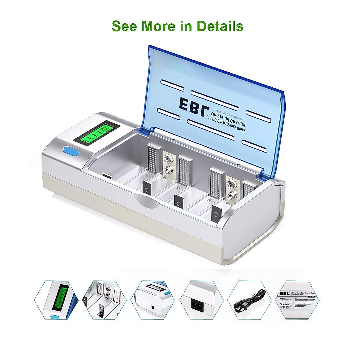 EBL Smart Battery Charger for C D AA AAA 9V Ni-MH Ni-CD Rechargeable Batteries with Discharge Function & LCD Display