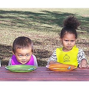 Droolees Premium Waterproof, Widemouth, Soft Silicone Feeding Bibs, Unisex, Washable, Includes Bonus Item, Rolls up for Travel, 2 Pack