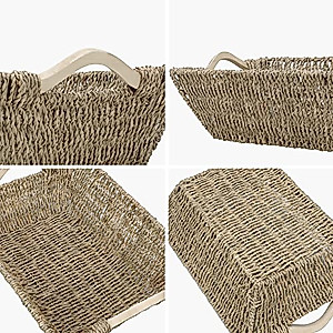 Graciadeco Hand Woven Seagrass Baskets with Wooden Handles Large Natural Shallow Wicker Storage Basket for Organizing Irregular Rectangle, 2 Pack