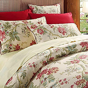 mixinni Red Floral Duvet Cover Queen Green Leaves Pattern Bedding Duvet Cover Set with Zipper Closure 4 Corner Ties for Him and Her-(3pcs, Queen Size)