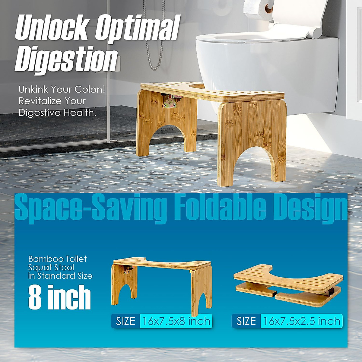 Toilet Stool for Adult and Kids, 8 Inches Toilet Squat Stool for Bathroom Foldable Bamboo Toilet Foot Potty Poop Stool with Non-Slip Pads - Improved Bowel Movement (Natural Color)