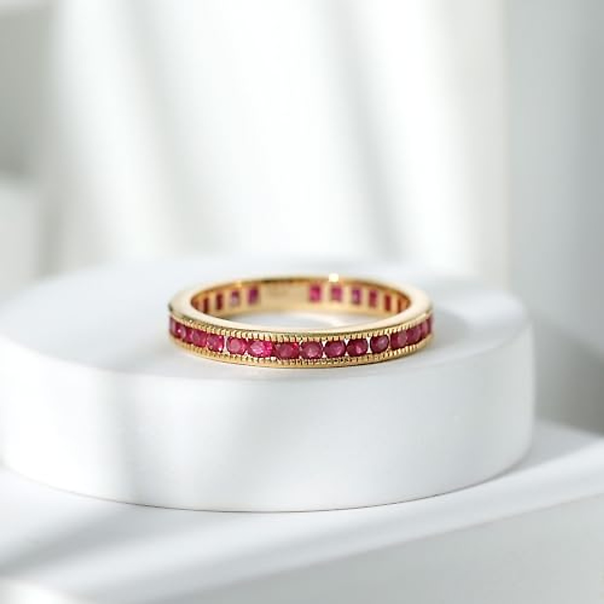 Rosec Jewels Natural Ruby Wedding Eternity Band Ring for Women, Aaa Quality, July Birthstone Full Eternity Band with Certificate, 14K Yellow Gold, Size:US 5.00