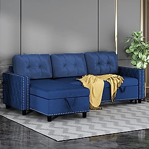 BALUS Sleeper Sofa, Futon Sofa Bed, Pull Out Sleeper Reversible Sectional Couch, Storage Chaise & Couch Bed, L Shape Couch Velvet Sleeper Sofa with Nailheads for Living Room - Beige