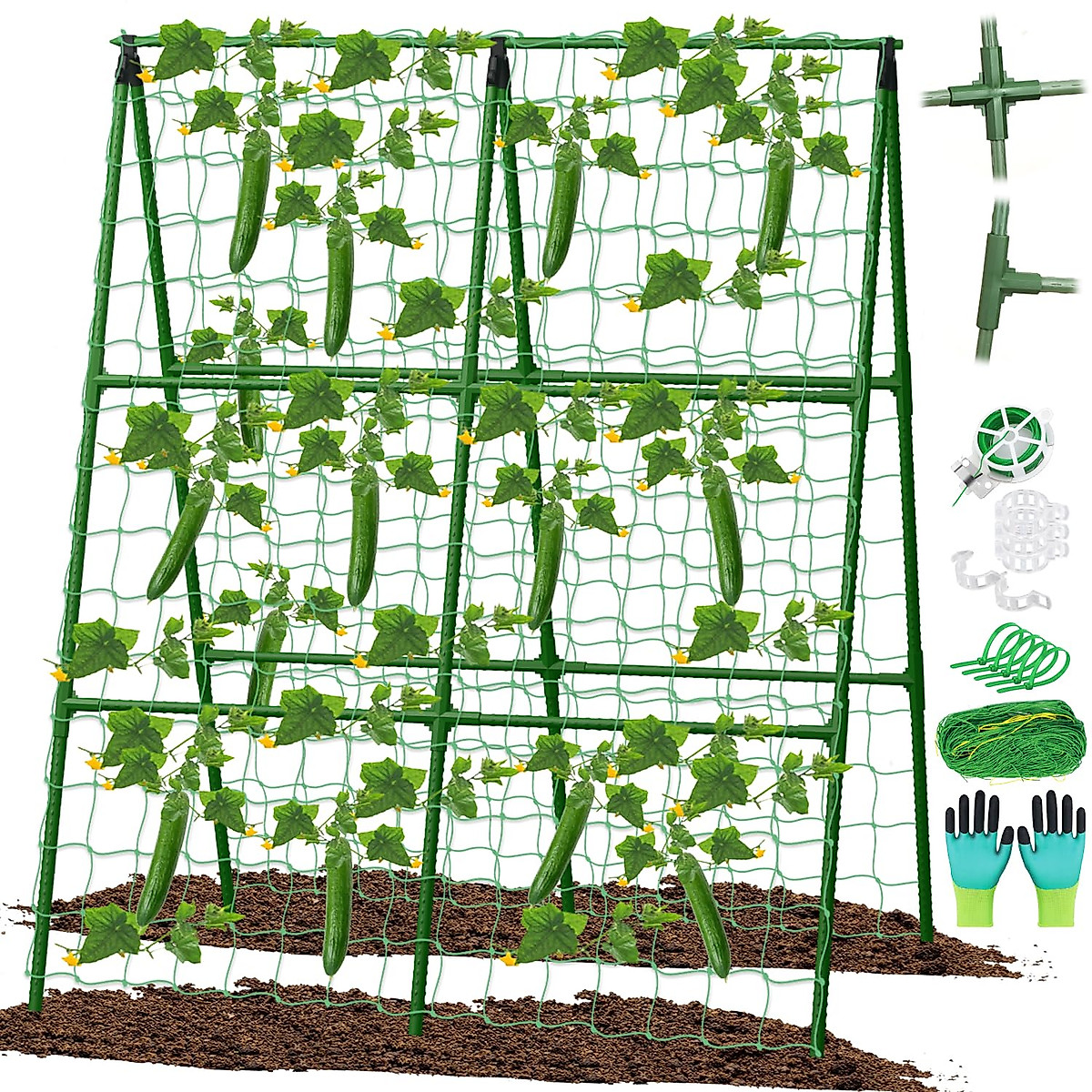 Cucumber Trellis for Raised Beds, 31 X 47 Inch Adjustable Size A-Frame Garden Trellis for Climbing Plant Outdoors with Climbing Net and Plant Support Clip for Vegetable Grape Tomato Garden Supplies