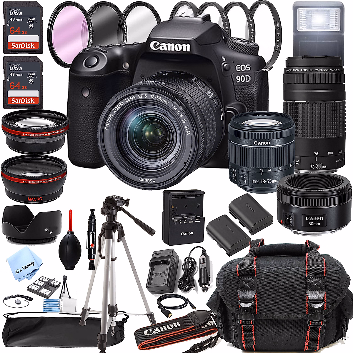 Canon EOS 90D DSLR Camera w/EF-S 18-55mm F/4-5.6 is STM Zoom Lens + 75-300mm F/4-5.6 III Lens EF 50mm f/1.8 STM Lens + 128GB Memory + Case + Tripod + Filters (40pc Bundle)