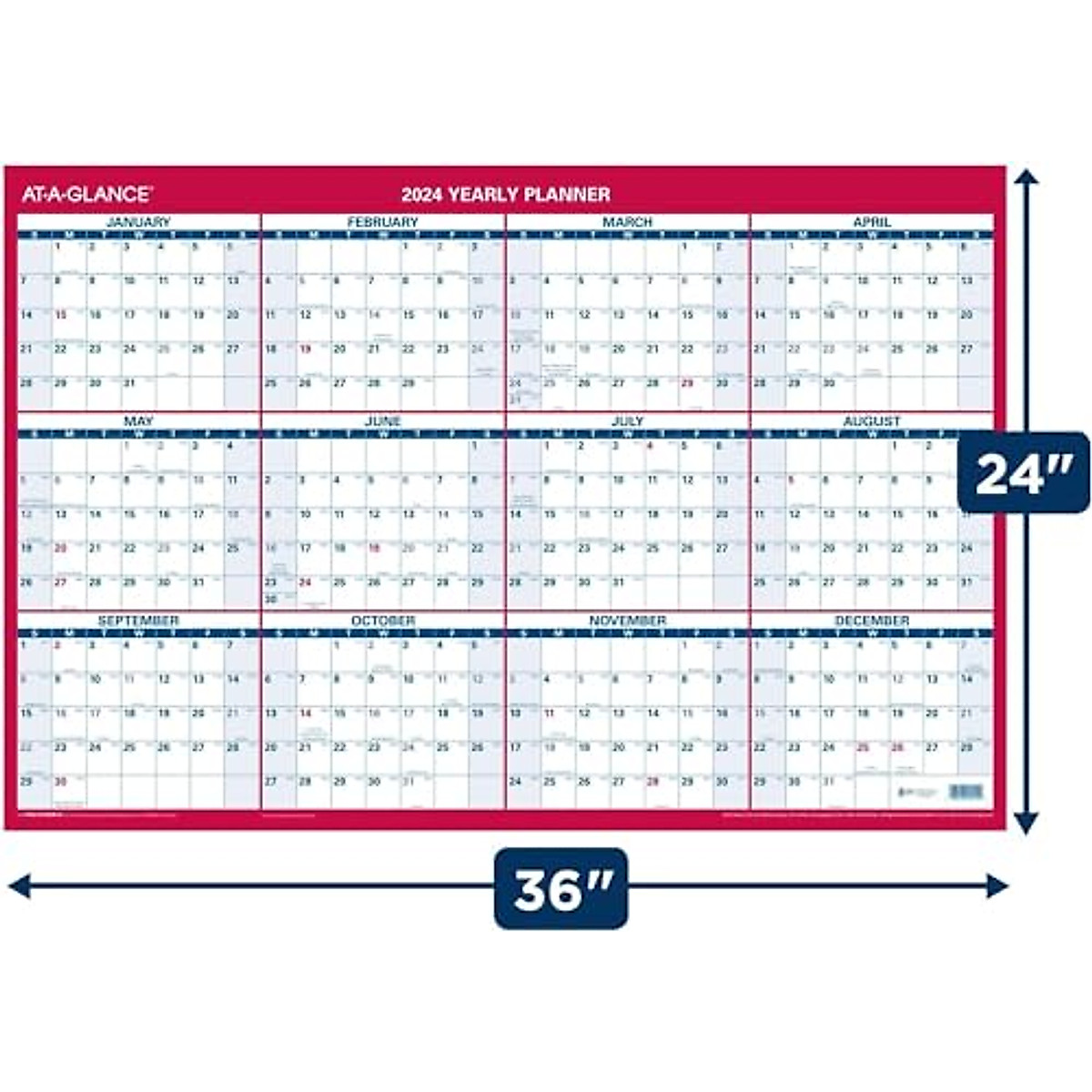 2024 Erasable Calendar, Dry Erase Wall Planner, 36" x 24", Large, Vertical/Horizontal, Reversible
