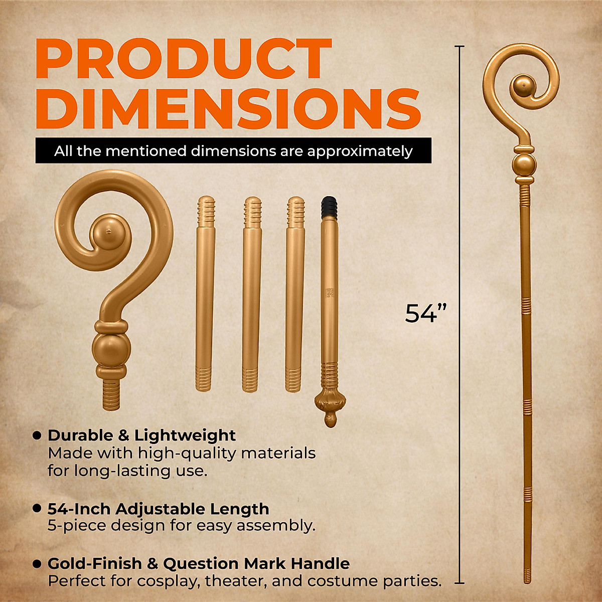 Nicky Bigs Novelties Adult Gold Saint Nicholas Shepherd Staff - Priest Pope Bishop Crosier Stick - Halloween Easter Costume Accessory Prop, Gold, One Size