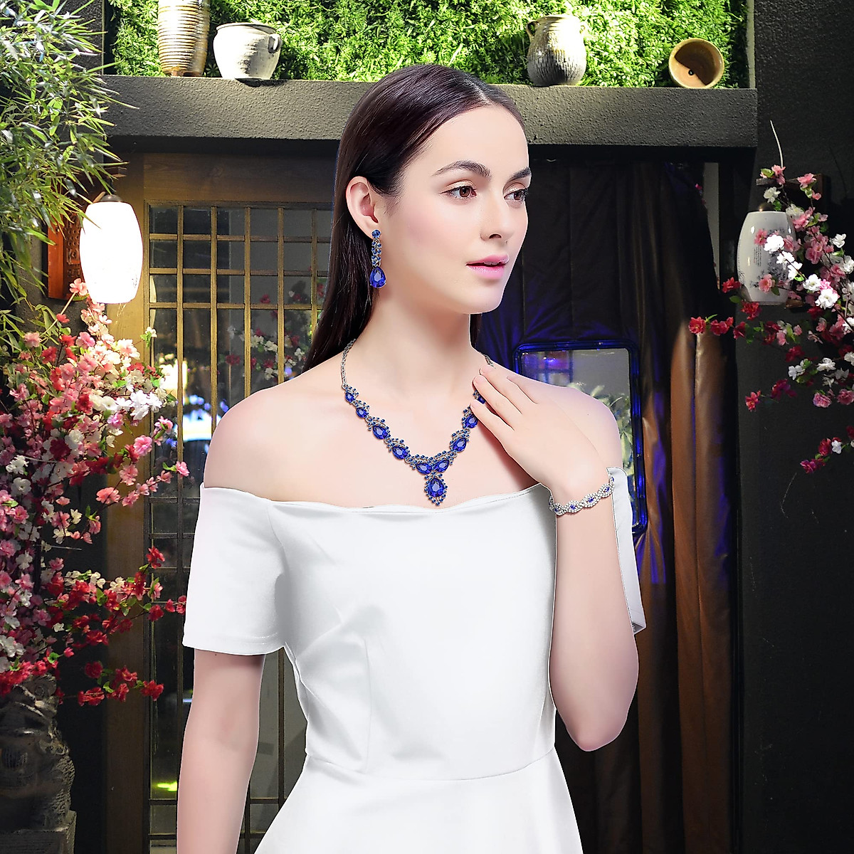 3 Pieces Wedding Bridal Rhinestone Crystal Jewelry Set Statement Necklace Bracelet Teardrop Dangle Earrings Set for Women fit with Bridesmaid Wedding Party Prom Dress Jewelry Set