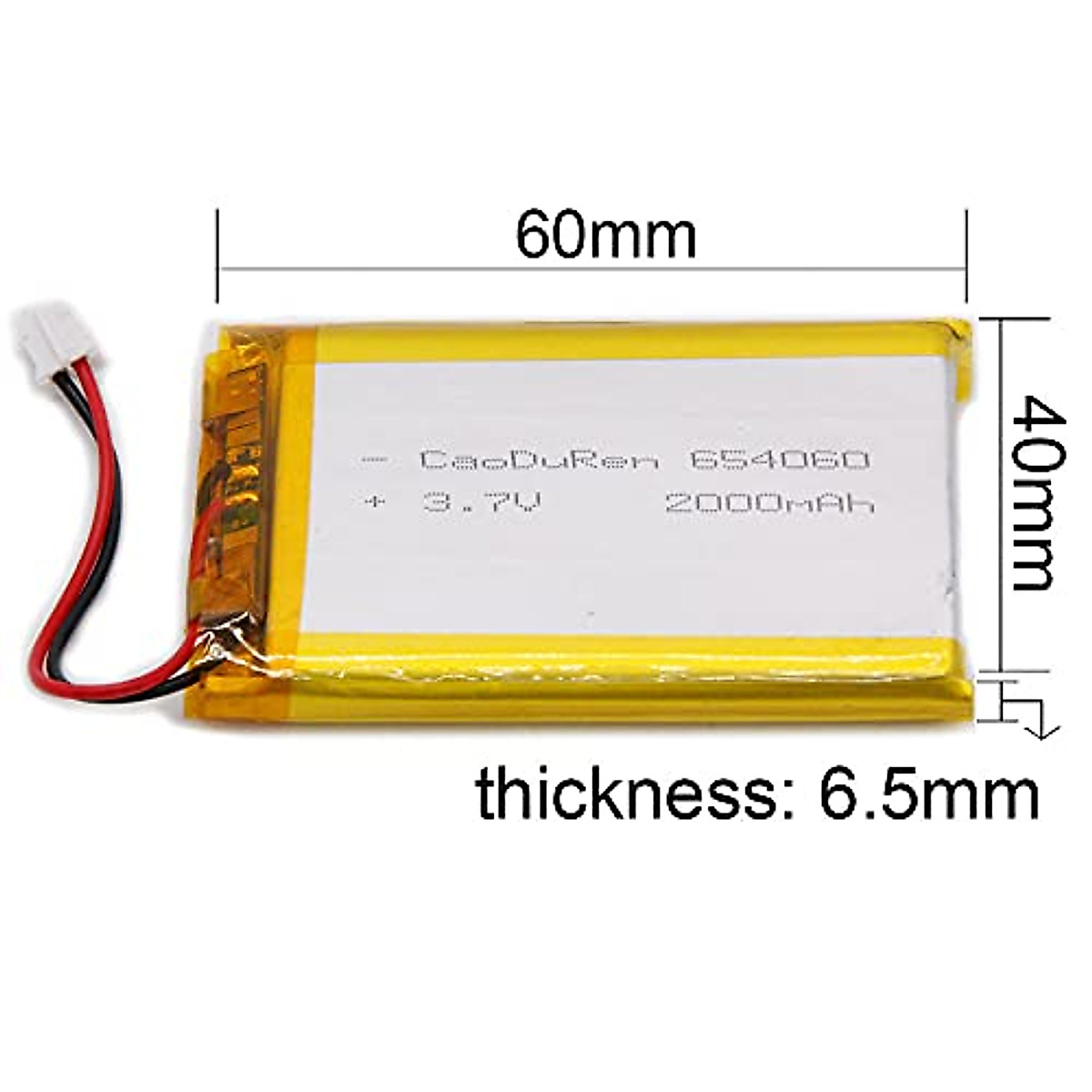 CaoDuRen MSDS Verified Part Number: 654060, Rechargeable 3.7V 2000mAh Li Lipo Lithium Polymer Ion Battery Pack with 2 Pin 2.0mm JST Connector