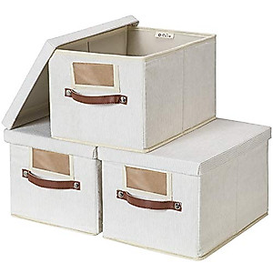 3 Pack Decorative Storage Bins Basket, 14.2 x 9.3 x 8IN Laundry Room Storage, Storage Baskets for Closet Shelves, Foldable Storage Bin for Organizing Shelf Nursery Office,Beige