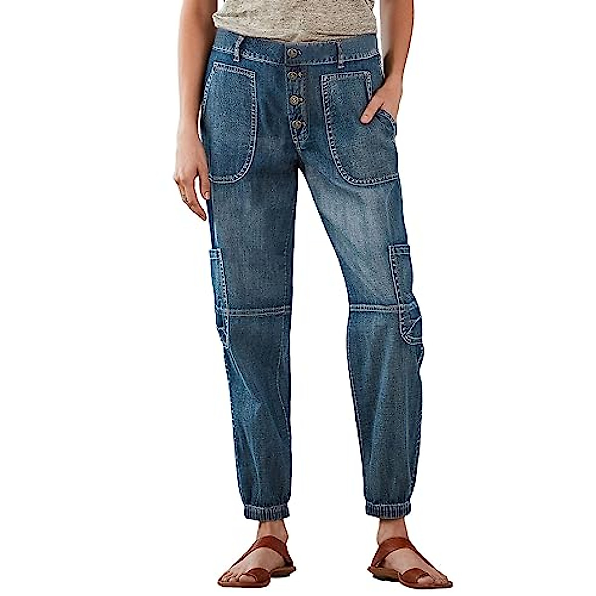 Sidefeel Women Cargo Jeans Button Fly Multi Pockets Denim Jogger Pants Blue Size 18