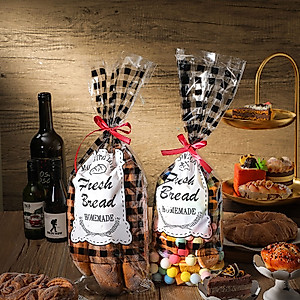 Plastic Bread Bags with 1 Roll Tie Ribbon Large Transparent Clear Bakery Bags Buffalo Plaid Grocery Christmas Bread Bags for Homemade Bread Daily Use, 18 x 8 Inch (50 Pieces)