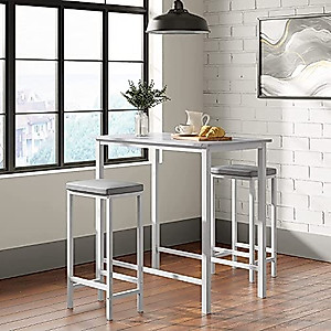 Bar Table Set for 2, White Faux Marbled 3-Piece Counter Height Breakfast Table with 2 Cushioned Stools, Small Dining Kitchen Table Set for Apartment