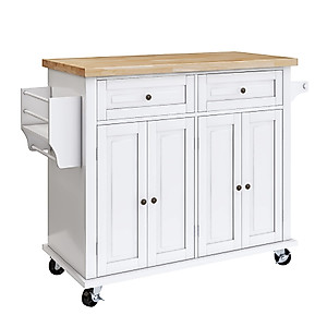 43“ Rolling Mobile Kitchen Island Cart on Wheels with Drawers, Storage Cabinet, Rubberwood Countertop and Spice/ Towel Rack, Adjustable Shelves, White