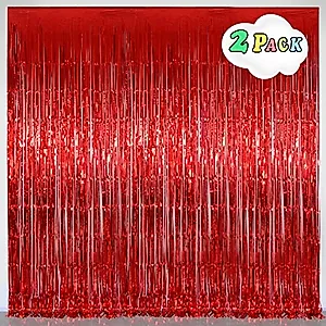 Red Foil Fringe Curtain Party Decorations, Melsan 3.2 x 8 ft Metallic Tinsel Curtains Streamer Backdrop for Christmas, Birthday, Anniversary, Valentine's Day Party Decorations, Pack of 2