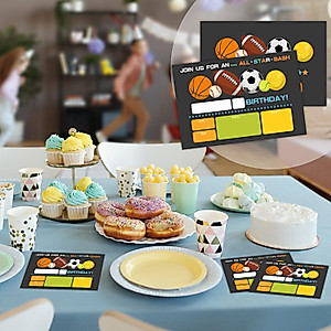 25 All Star Sport Birthday Party Invitations Cards with Envelopes, Basketball Baseball Football Party Invitations, Birthday Celebration Supplies, Double-sided Fill-in bday Invites for Boys Girls- A01