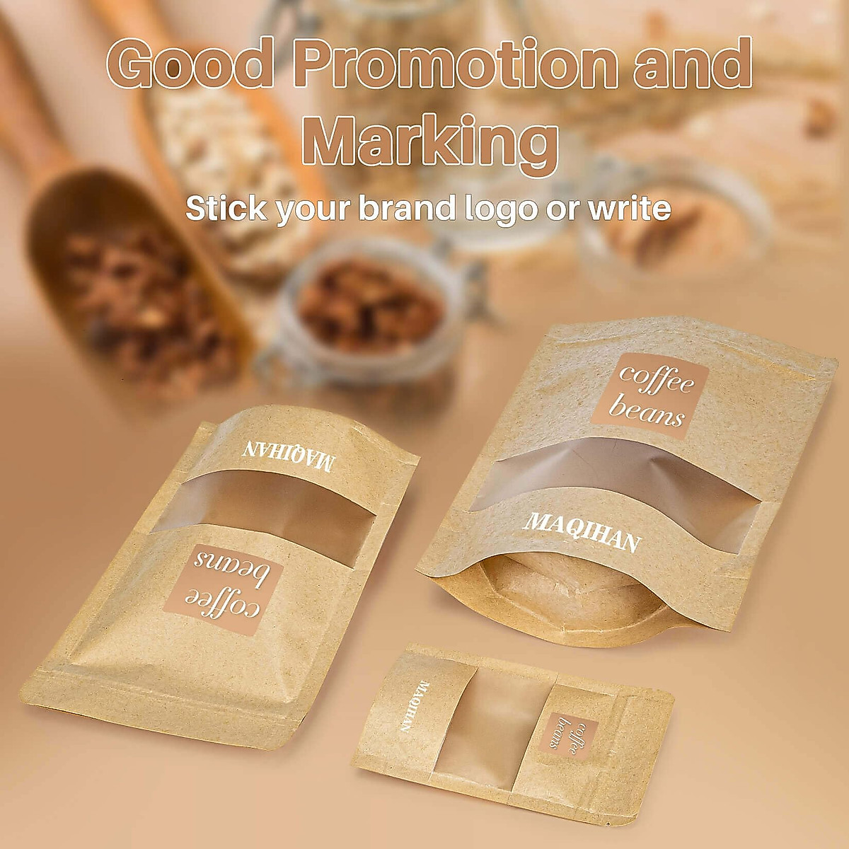 MAQIHAN 24 Stand Up Pouches Bags - 7"×10" Resealable Ziplock Kraft Paper Bags with Window Food Packaging Homemade Bagel Bread Cookie Candy Tea Herb Spice Coffee Jerky Dog Treat Bags Small Business