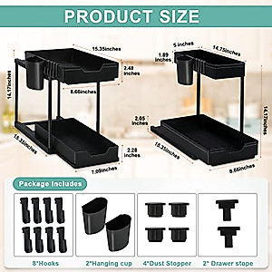 Under Sink Organizers and Storage 2 Pack, Sliding Under Kitchen Sink Storage 2 Tier Bathroom Cabinet Organizer with 8 Hooks & 2 Hanging Cups Multi-Use Under Sink Shelf for Kitchen Bathroom, Black
