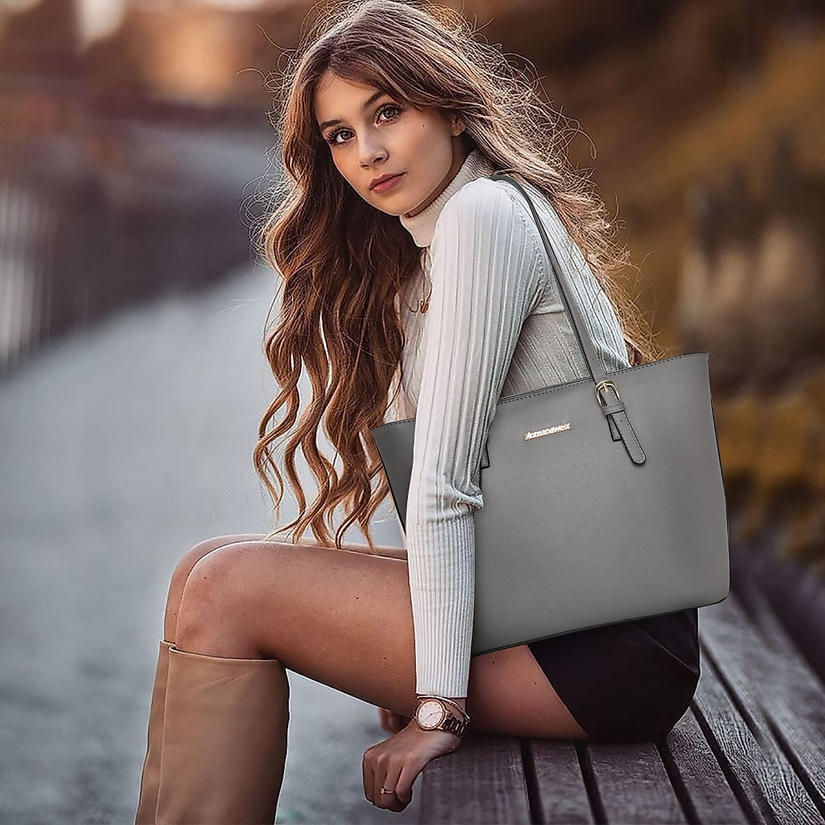 2 Pcs Tote Handbag Set Purse for Women Large Fashion Satchel Shoulder Bag MWC2-H030GY