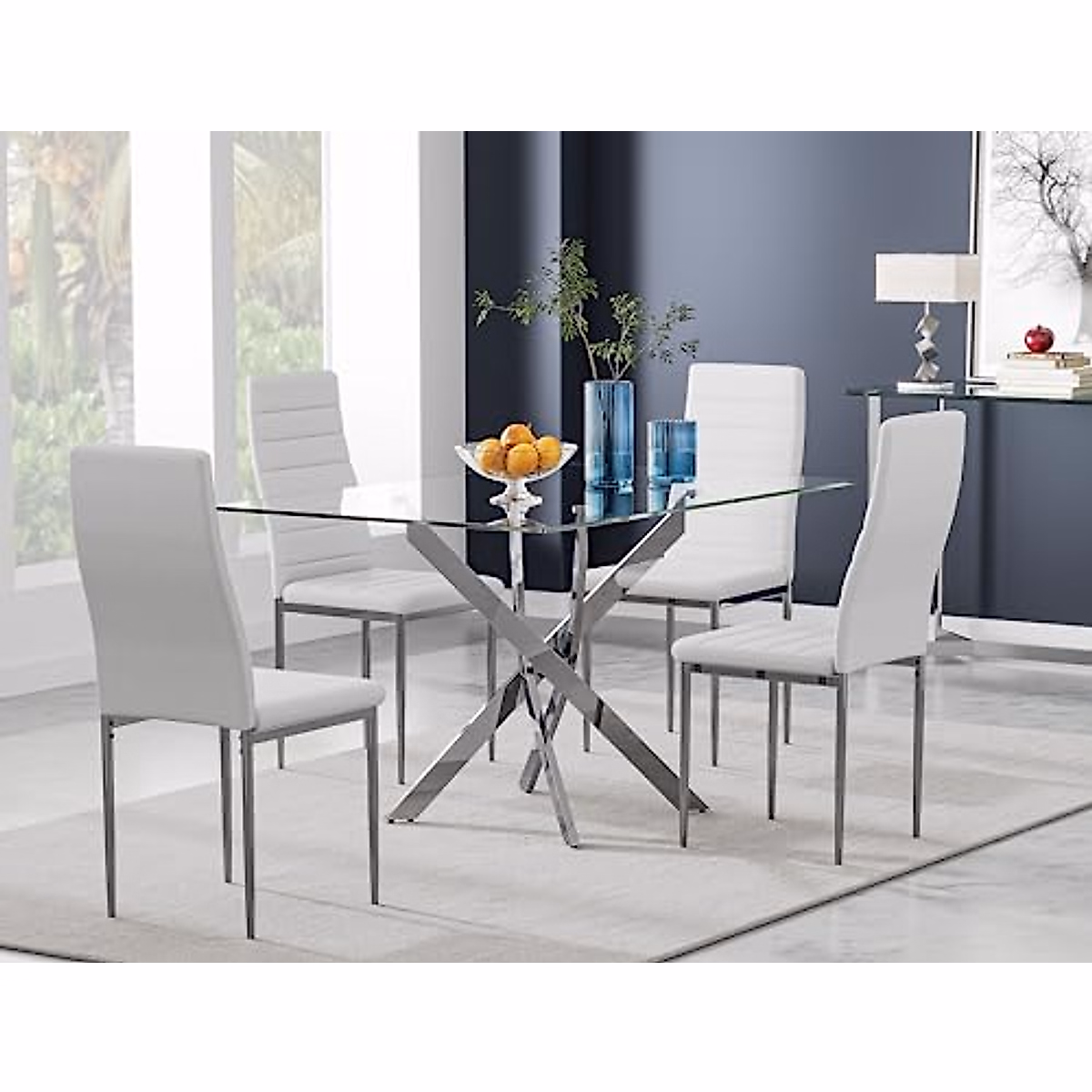 NIERN Tempered Glass Dining Table with Chromed Legs,47" Modern Rectangular Kitchen Table for Dining Room Kitchen,White