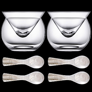 Glass Caviar Chiller Server Set Caviar Spoons 3.2 Inch Shell Spoon Mother of Pearl Caviar Spoons Round Handle for Caviar, Egg, Ice Cream, Coffee, Restaurant Serving (6 Pieces)