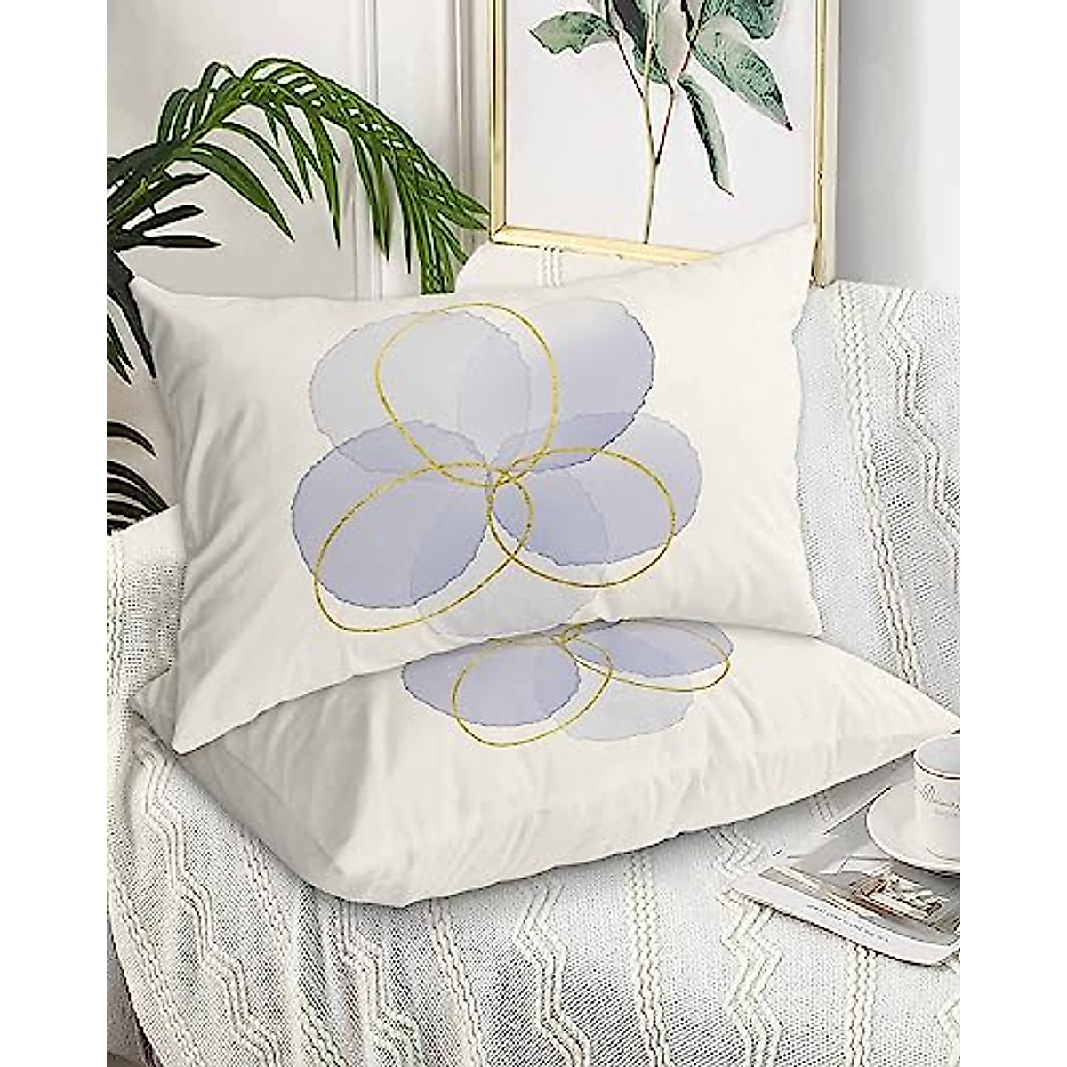 Edwiinsa Purple Flower Pillow Covers Standard Size Set of 2 20x26 Bed Pillow, Modern Abstract Art Yellow Lines Plush Soft Comfort for Hair/Skin Cooling Pillowcases with Envelop Closure