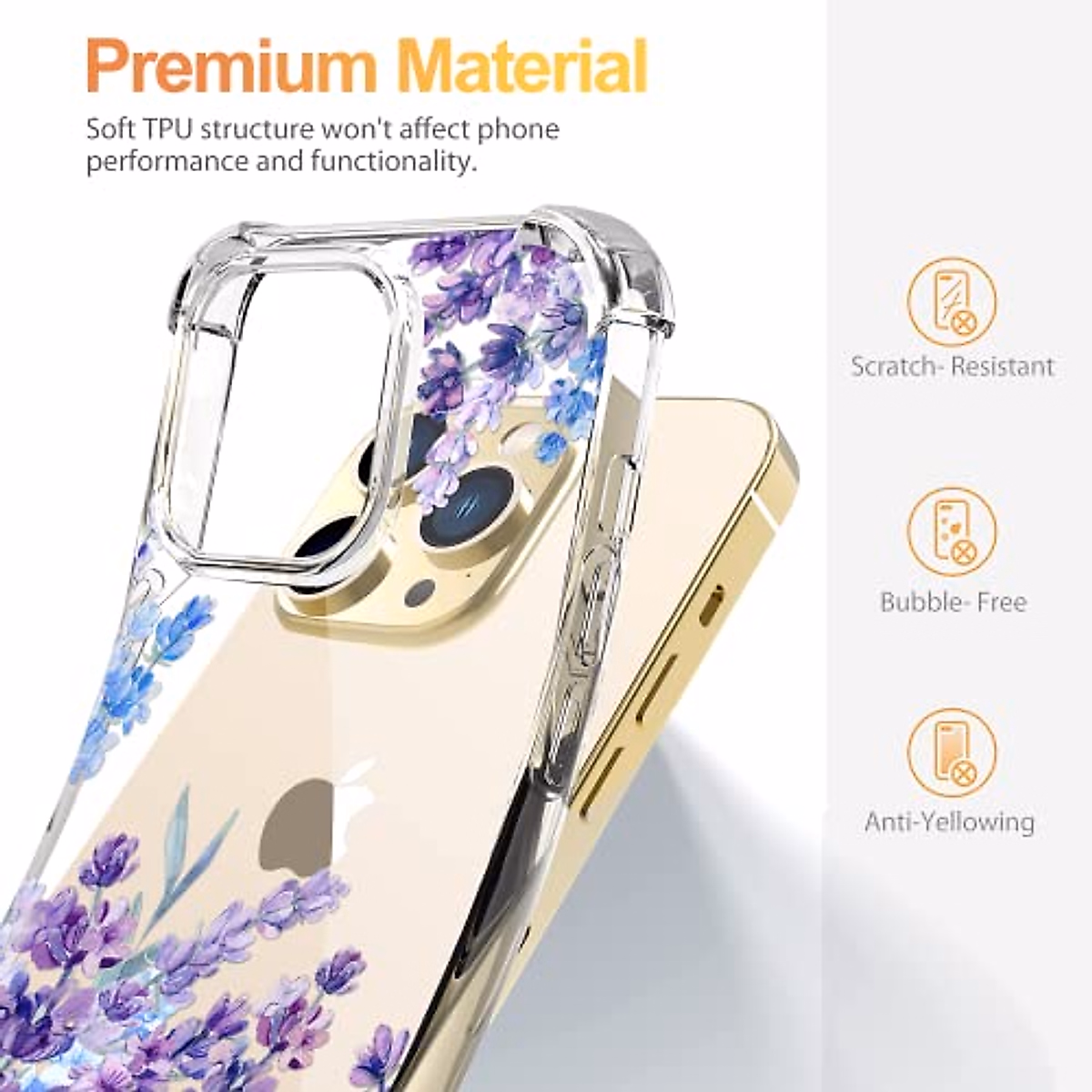 ilnehc Flower Pattern Designed for iPhone 13 Pro Max Case[with Screen Protector], Floral Clear Women Phone Case Shockproof Protective Soft TPU Bumper Cover 6.7 Inch 2021(Lavender/Purple)