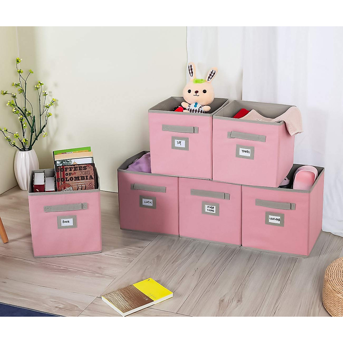 PDTXCLS Yowego EPG-Life 6 Pack Foldable Storage Cubes with Label Holder and Fabric Handle, Pink