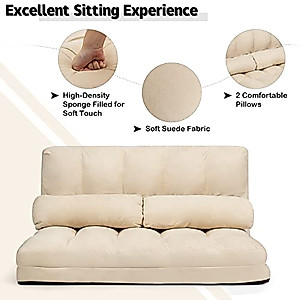 KOMFOTT Adjustable Floor Sofa Bed, Foldable Lazy Sofa Sleeper Bed with 6 Position Backrest & 2 Pillows, Convertible Futon Couch Bed with Suede Cloth Cover, Lounge Recliner for Living Room