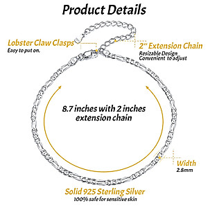 ChicSilver 2.8mm Figaro Chain Anklet 925 Sterling Silver Ankle Bracelets for Women Simple Dainty Waterproof Anklet Womens Anklets Jewelry for Beach Gifts for Mom