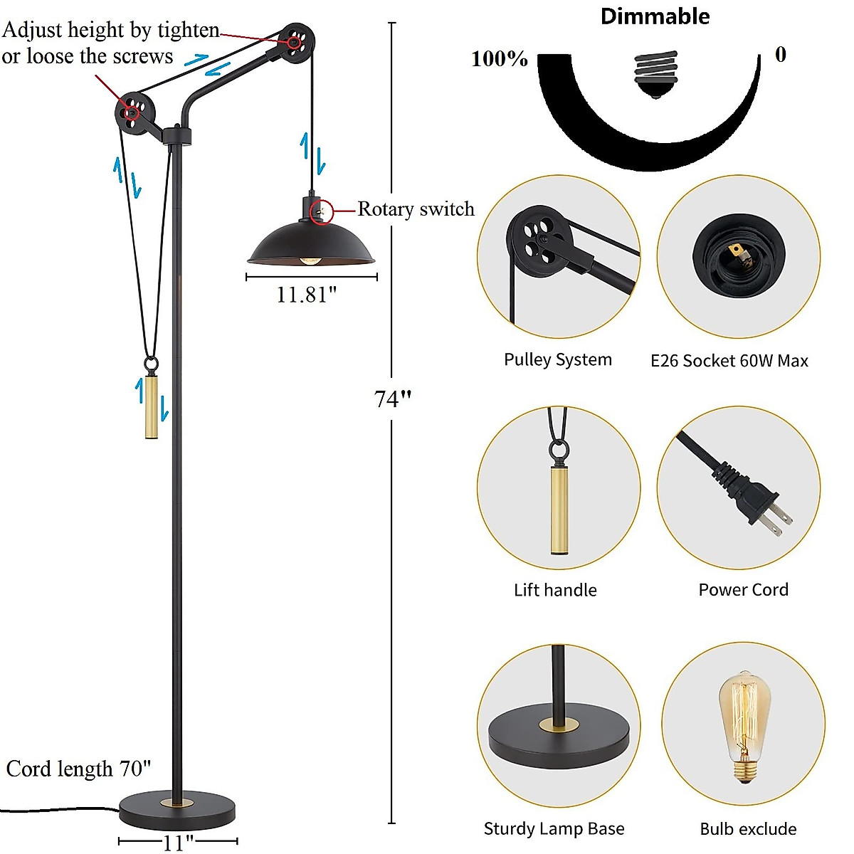 LeeZM Dimmable Industrial Floor Lamp for Living Room,Rustic Farmhouse Floor Lamps with Pulley System, Modern Reading Pole Task Lamp, Vintage Arched Tall Standing Lamp for Bedroom Office, Deep Bronze
