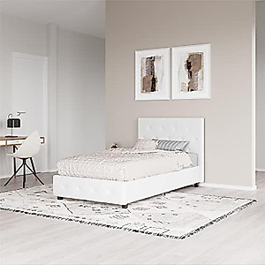 DHP Dakota Upholstered Platform Bed with Diamond Button Tufted Headboard and Footboard, No Box Spring Needed, Twin, White Faux Leather
