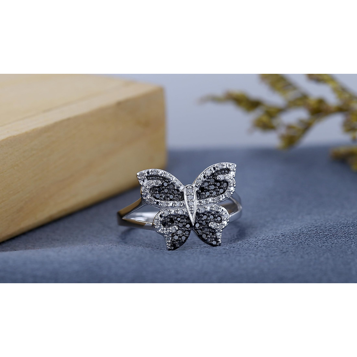 Dazzlingrock Collection 0.24 Carat (Cttw) Sterling Silver Round Black & White Diamond Butterfly Cocktail Ring 1/4 CT, Size 5.5