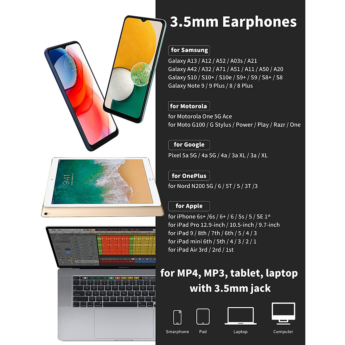 Wired Earbuds with Microphone, TITACUTE 3.5mm Wired Earphone Magnetic in-Ear Headphone Jack Stereo Audio for iPhone 6 iPad Samsung A14 A13 A03s S10e S10 Motorola One 5G Ace Moto G Stylus Power Android