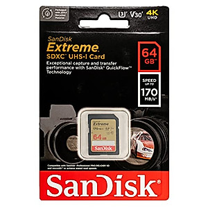 SanDisk 64GB Extreme Memory Card works with Canon EOS Rebel SL2, T6, T6i, T5i EF-S, EOS 80D, Powershot Camera SDXC 4K V30 UHS-I (SDSDXVE-064G-GNCIN) with Everything But Stromboli Combo Reader