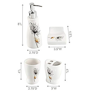HOME-X Bathroom Accessory Set, 4-Piece Set with Soap Dish, Liquid Dispenser, Tumbler, and Toothbrush Holder, White with Flower Print