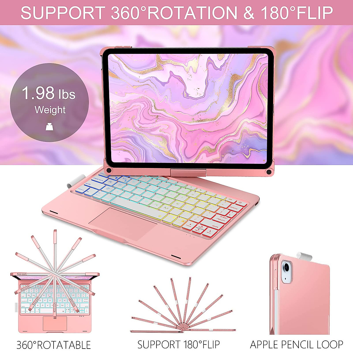 Touch IPAD Air 5th/4th Generation Case with Keyboard | Magic 360°Rotatable & Swivel Keyboard with Trackpad | 7 Color Backlit with Pencil Holder for iPad Pro 11 inch 3rd/2nd/1st Generation | Rose Gold
